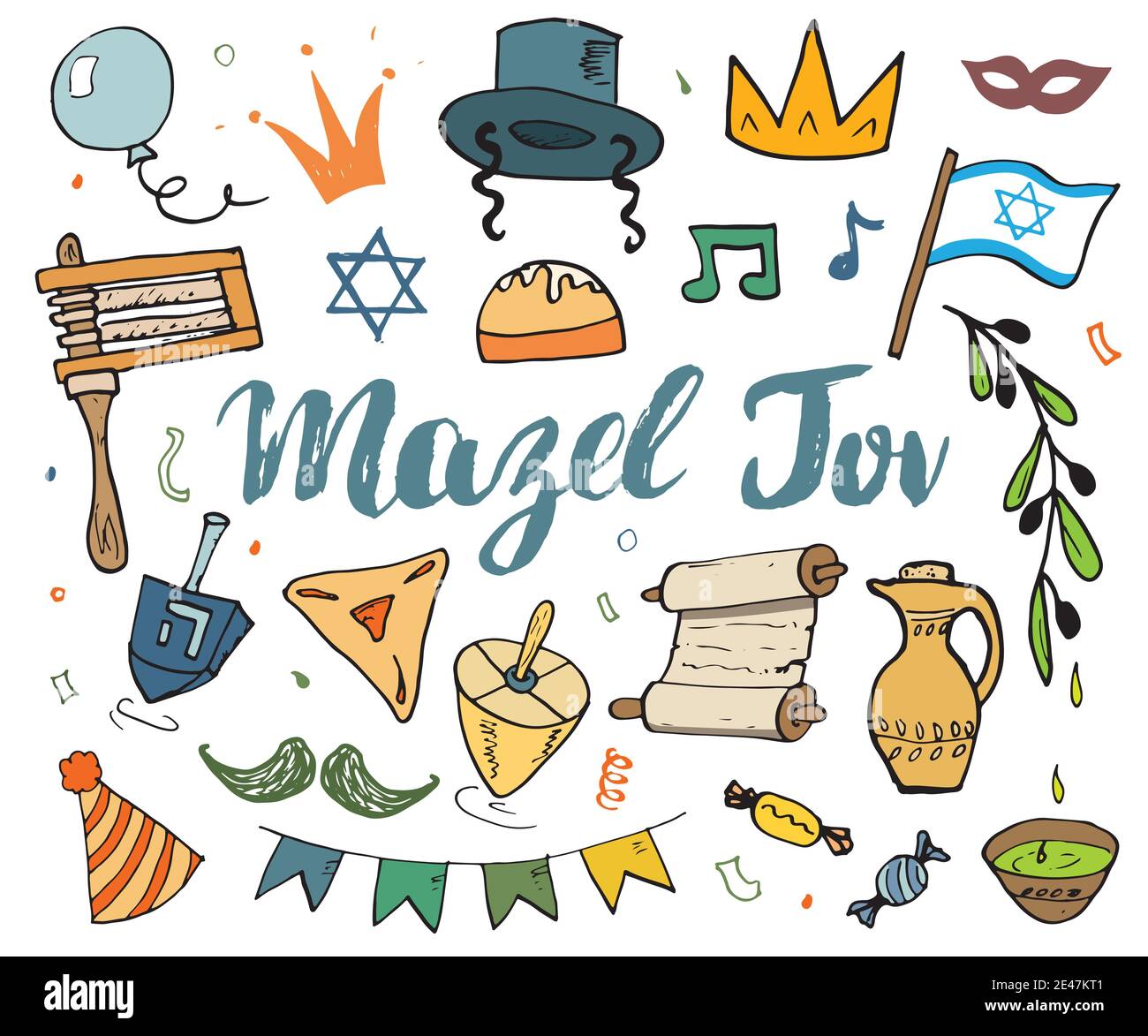 Mazel tov lettering, Jewish holiday hand drawn items set, vector ...