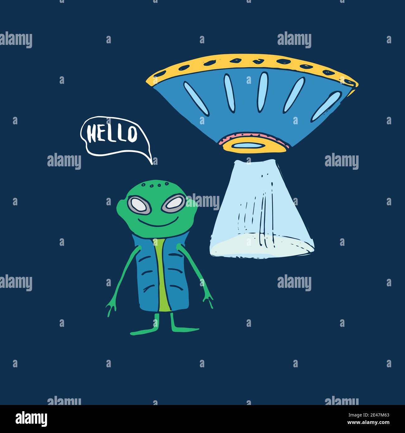 Cute Alien and Ufo Cartoon Hand Drawn aliens spaceship Doodle t-shirt ...
