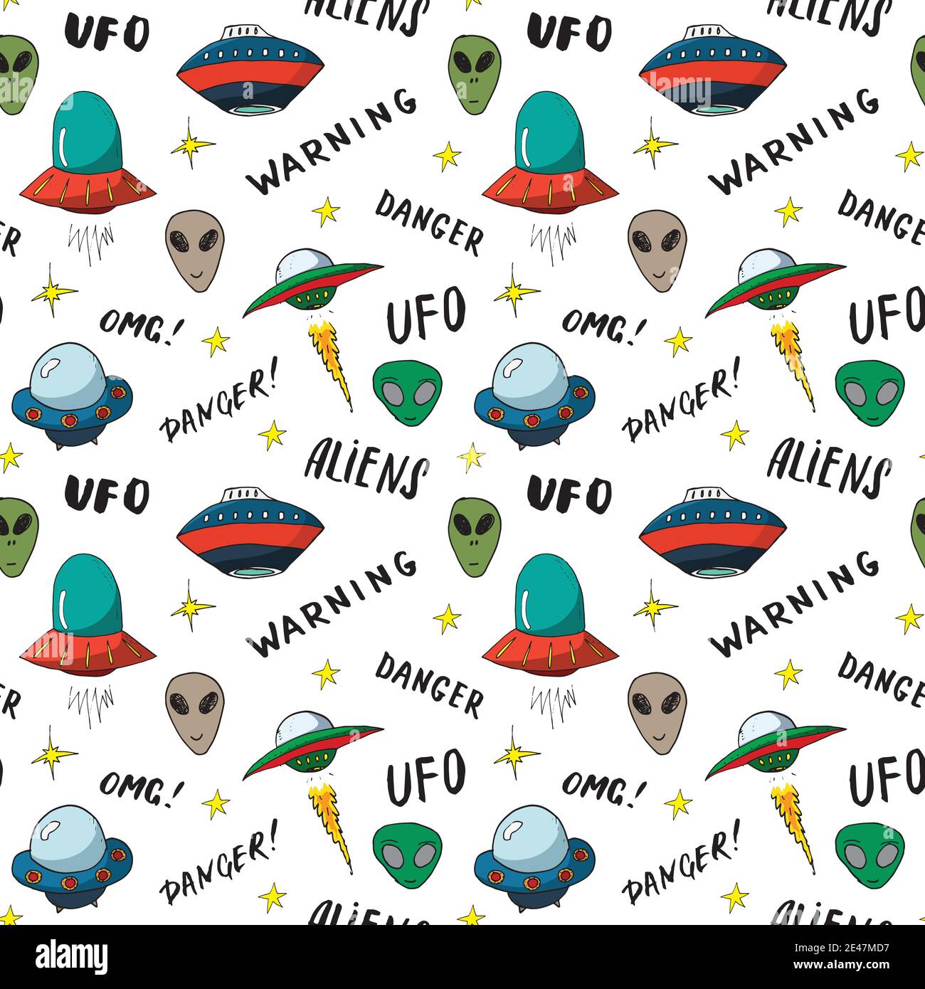 Ufo and aliens Seamless pattern. Cute Doodles space ships sketch. Hand ...