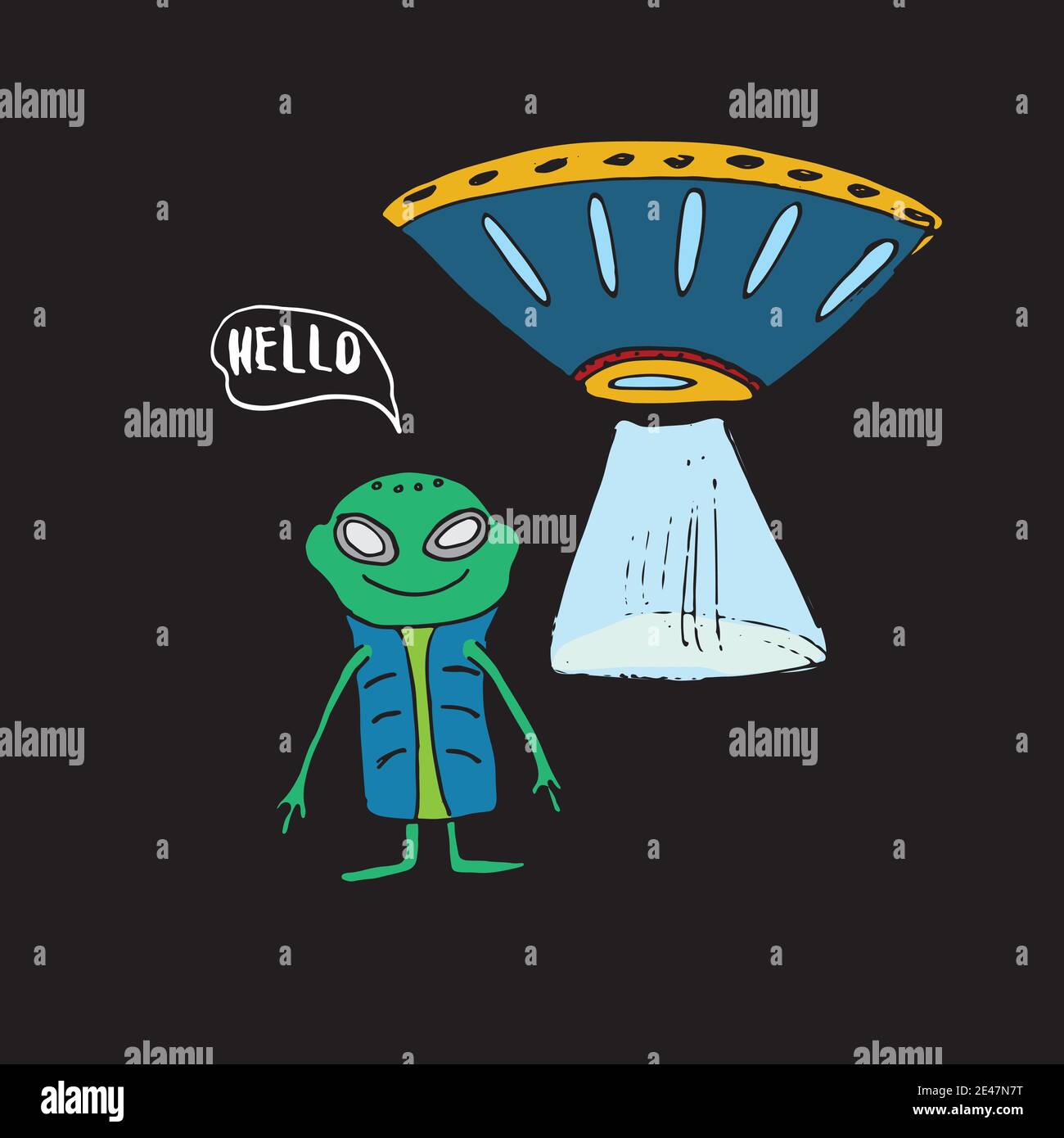Cute Alien and Ufo Cartoon Hand Drawn aliens spaceship Doodle t-shirt ...