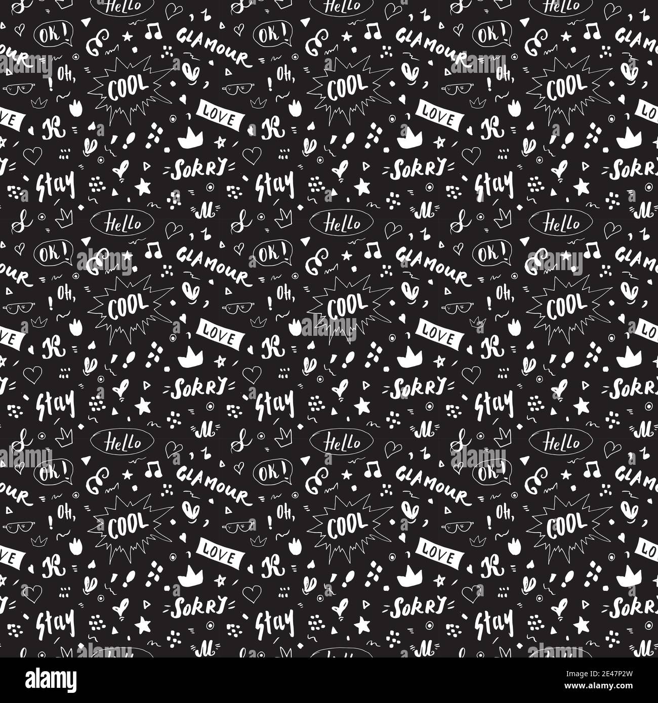 Doodle Seamless Pattern, hand drawn pop art signs and symbols ...
