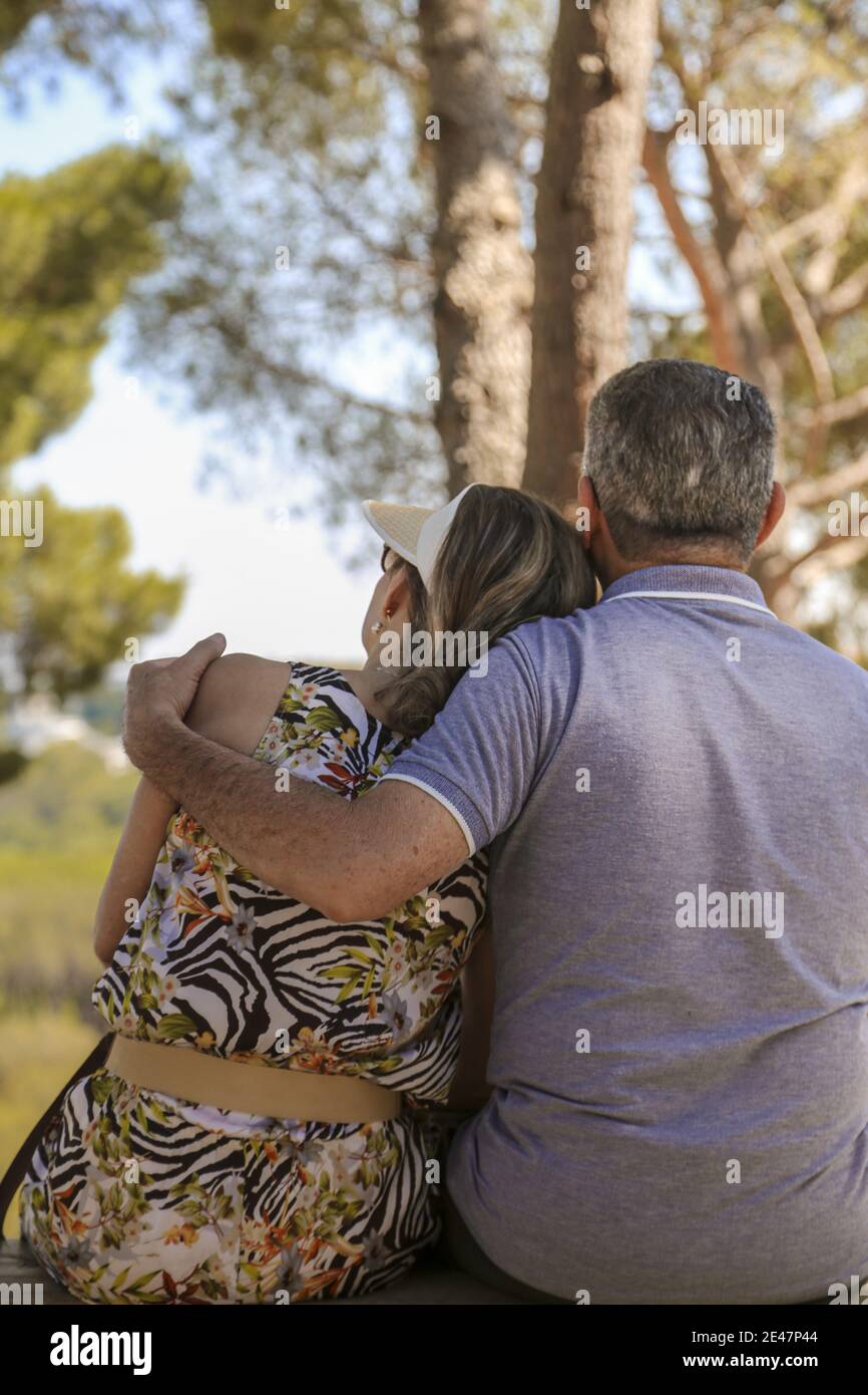 Back view of a cute middle-aged couple hugging and sitting on a wooden ...