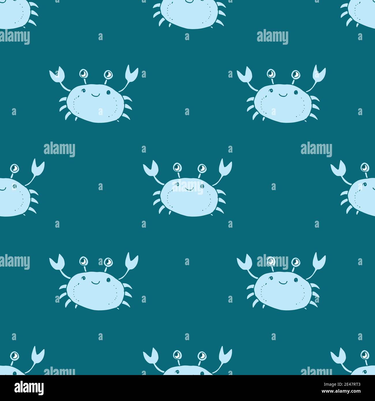Cute Crab Seamless Pattern, Cartoon Hand Drawn Animal Doodles Vector ...
