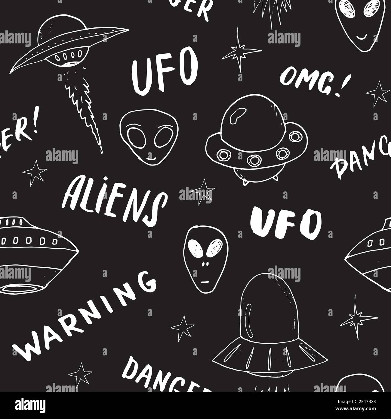 Ufo and aliens Seamless pattern. Cute Doodles space ships sketch. Hand ...