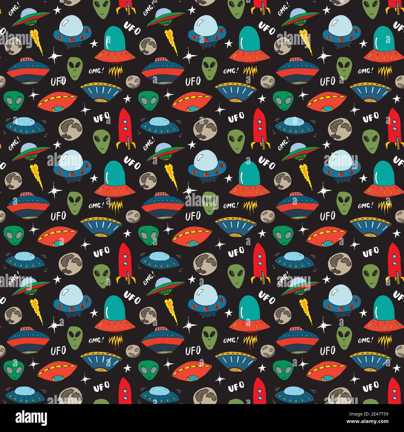 Ufo and aliens Seamless pattern. Cute Doodles space ships sketch. Hand ...