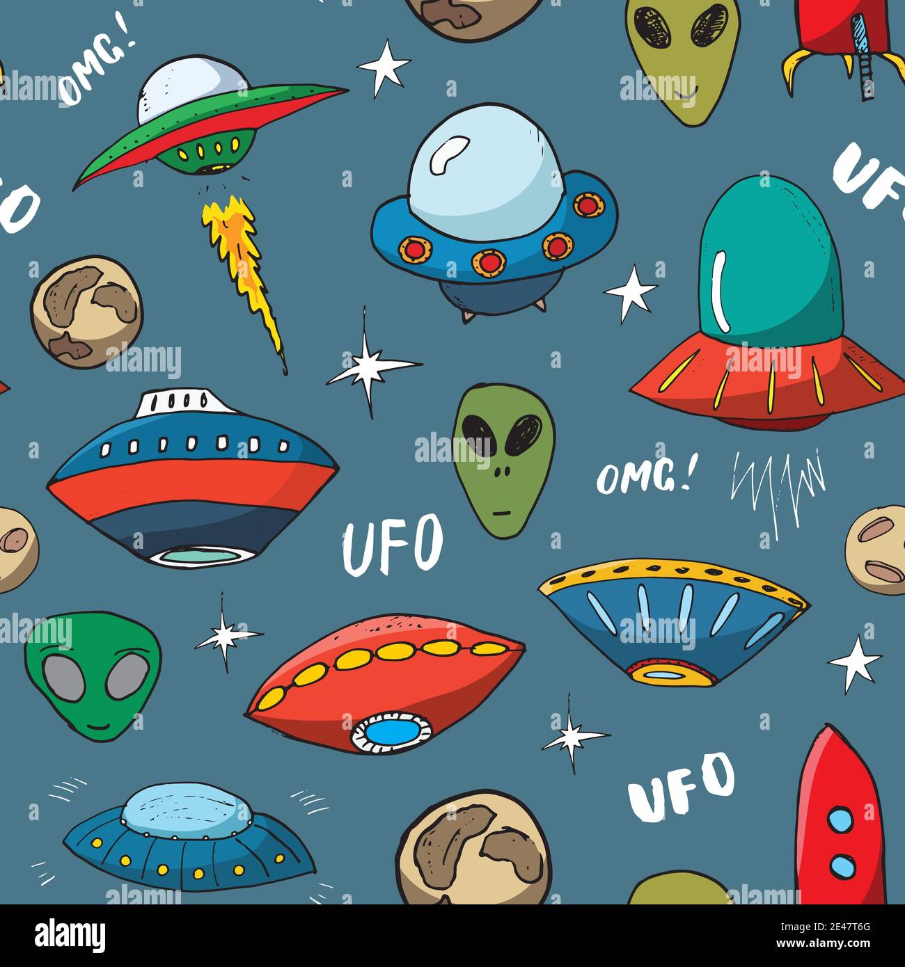 Ufo and aliens Seamless pattern. Cute Doodles space ships sketch. Hand ...