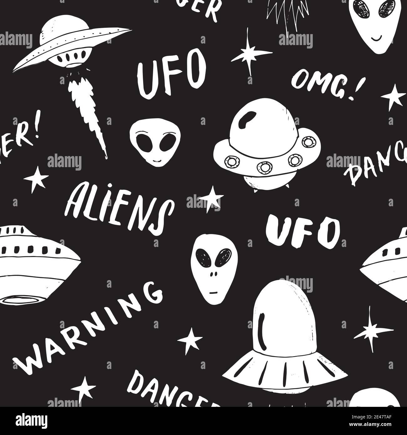 Ufo and aliens Seamless pattern. Cute Doodles space ships sketch. Hand ...