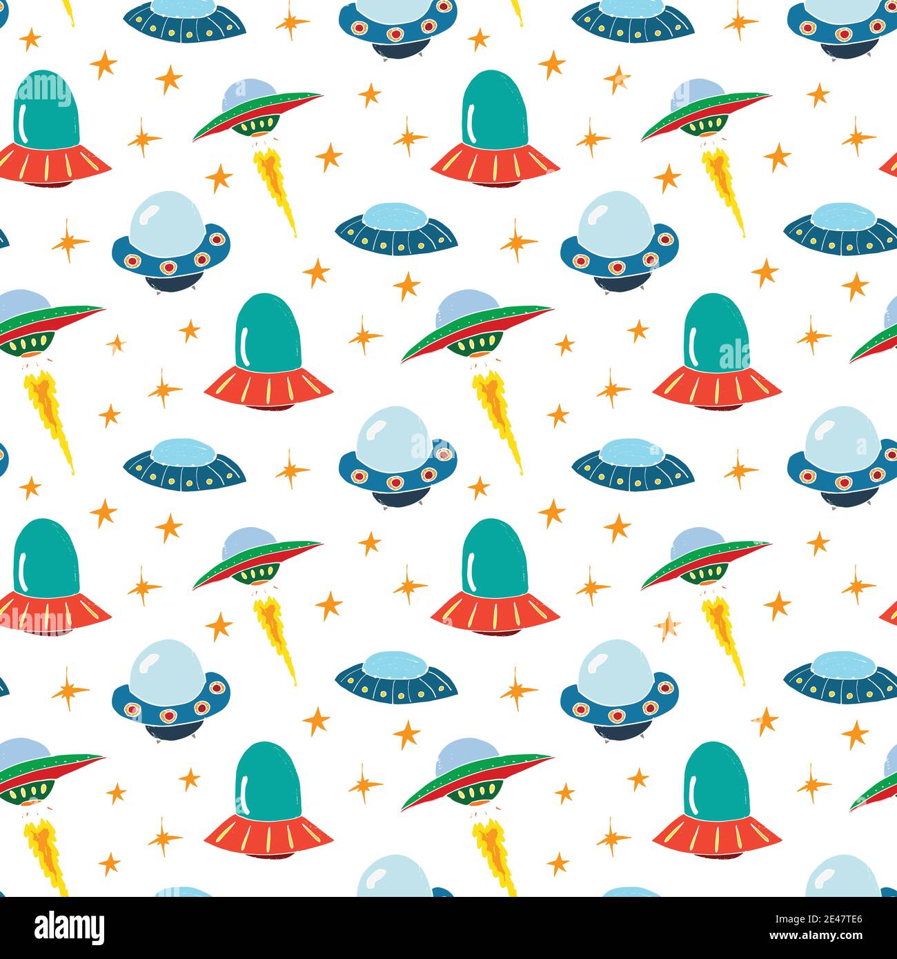 Ufo and aliens Seamless pattern. Cute Doodles space ships sketch. Hand ...