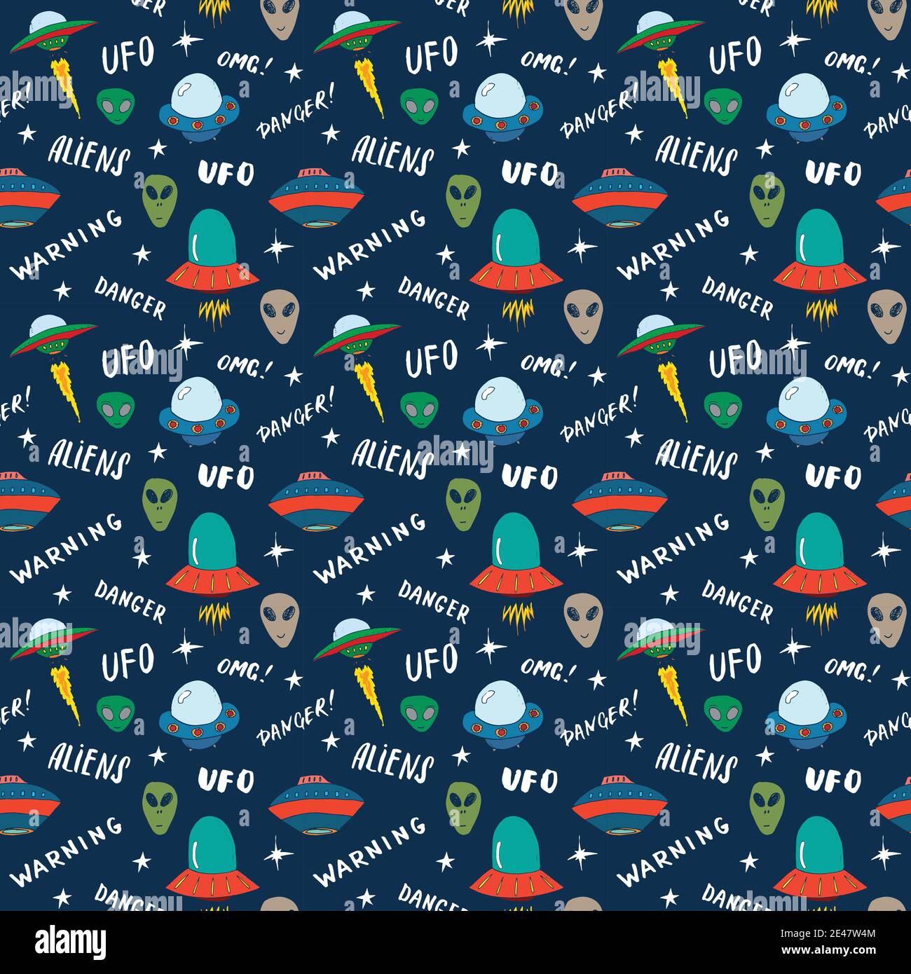 Ufo and aliens Seamless pattern. Cute Doodles space ships sketch. Hand ...