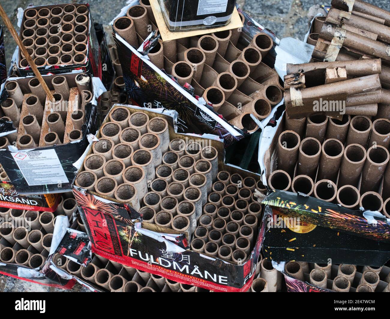 COPENHAGEN, DENMARK - Jan 01, 2021: Closeup of fireworks trash - The ...