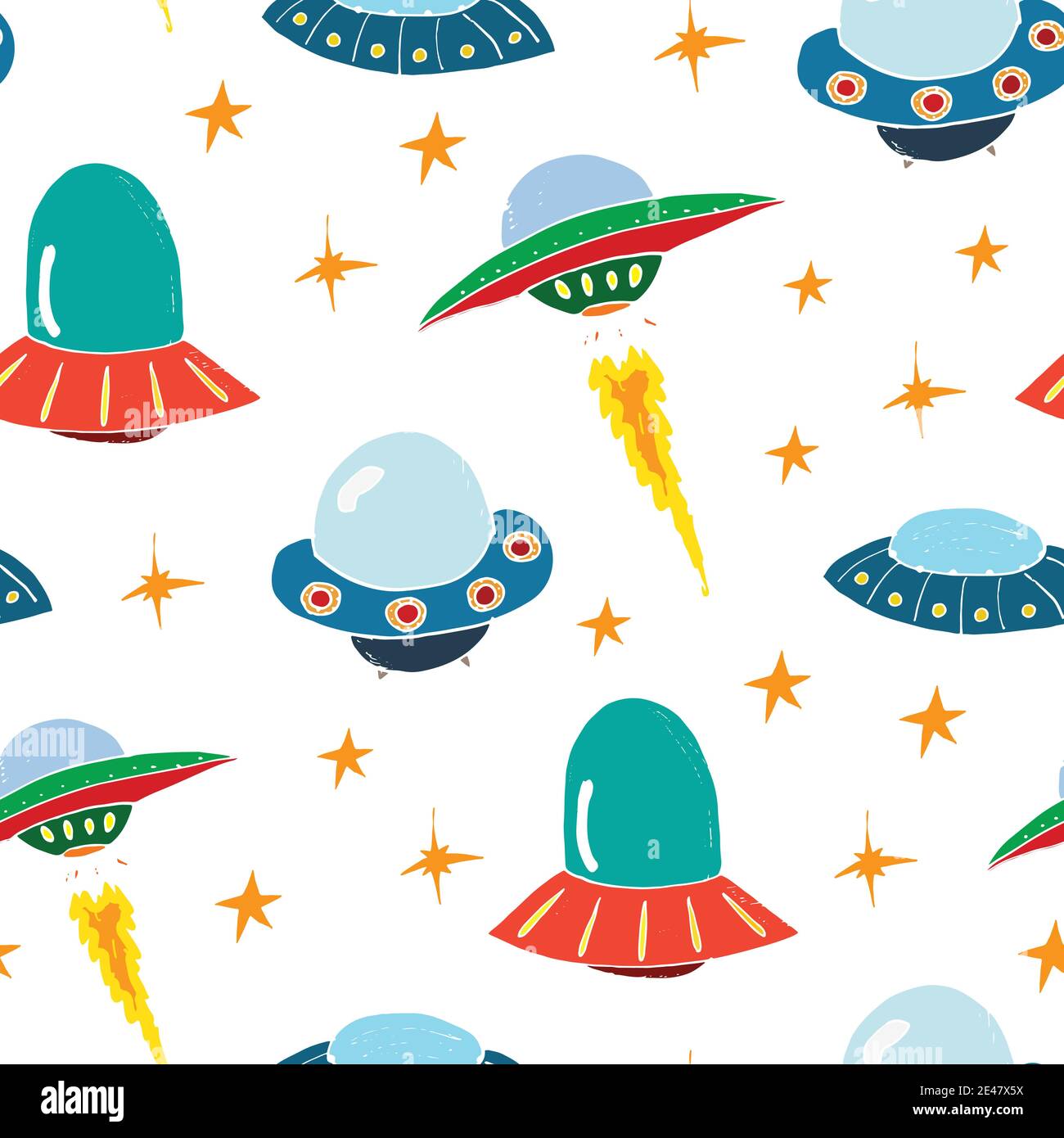 Ufo and aliens Seamless pattern. Cute Doodles space ships sketch. Hand ...