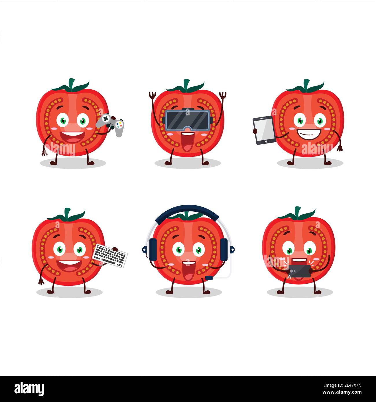 Slice of tomato cartoon character are playing games with various cute ...