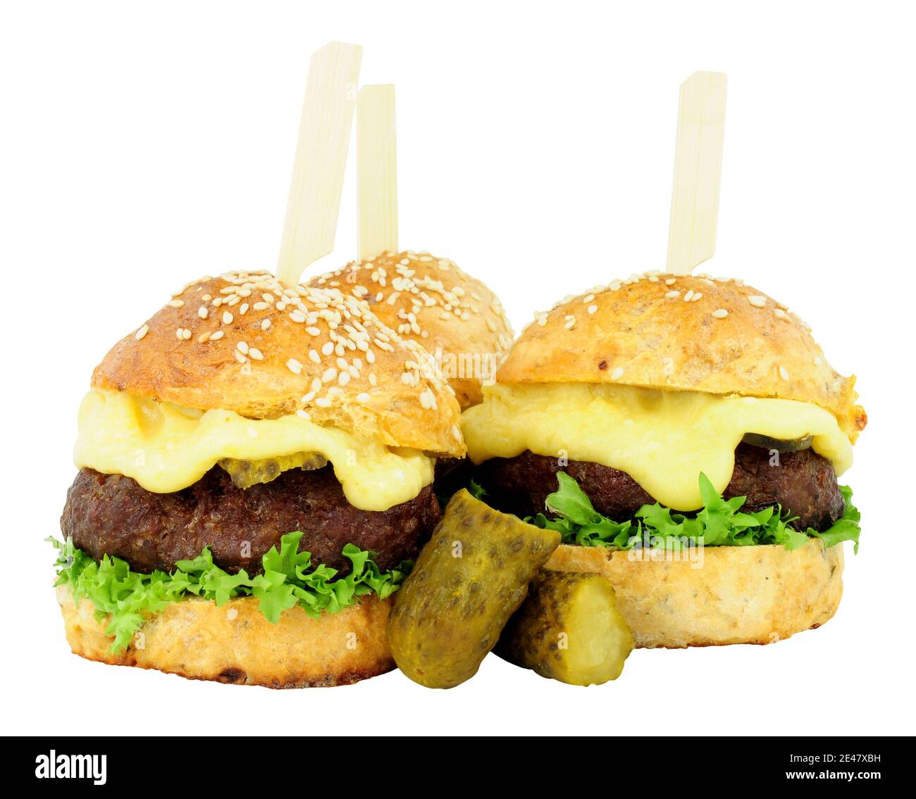 Group of cheeseburger sliders with melted cheese isolated on a white ...