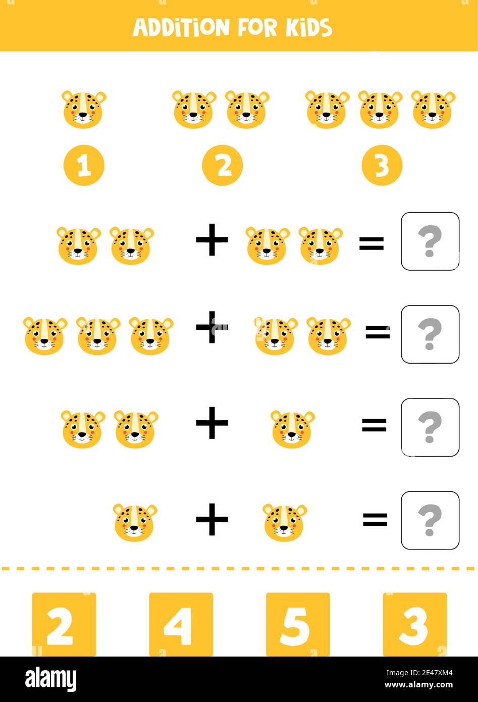 Addition game with cute cartoon leopard face. Math game for kids Stock ...