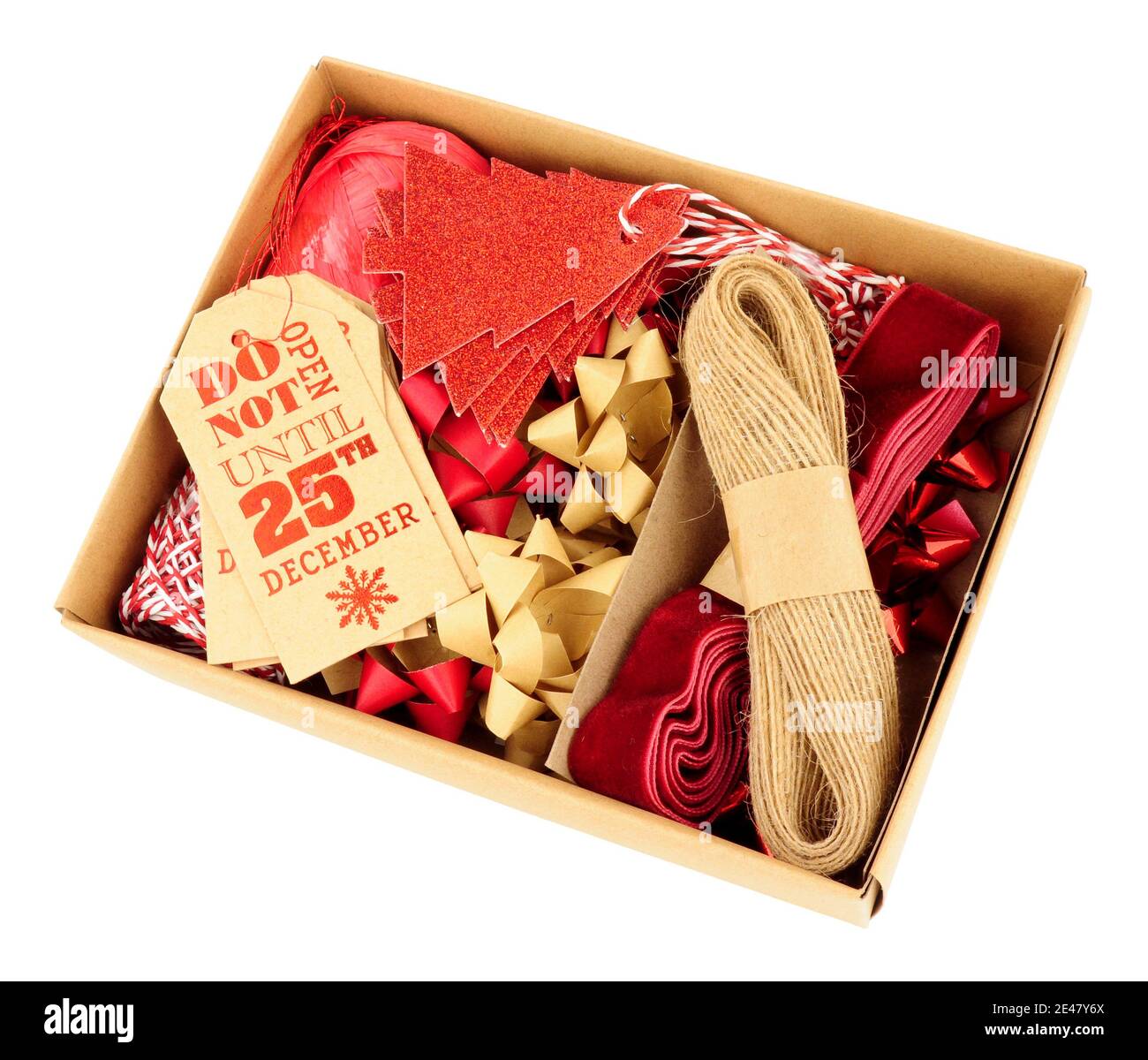 Box of Christmas gift parcel decorations isolated on a white background ...