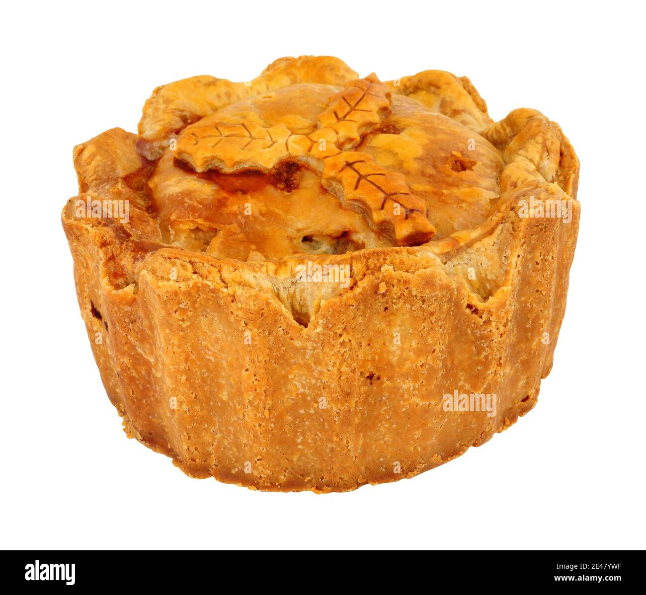 Pork pie baked in a rich cold water crust pastry isolated on a white ...
