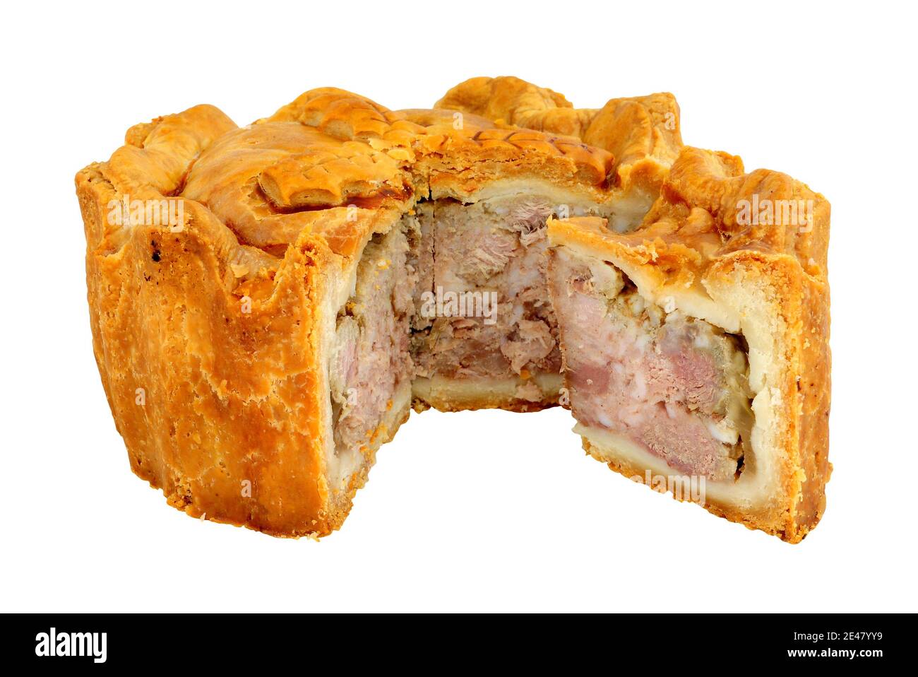 Pork pie baked in a rich cold water crust pastry isolated on a white ...