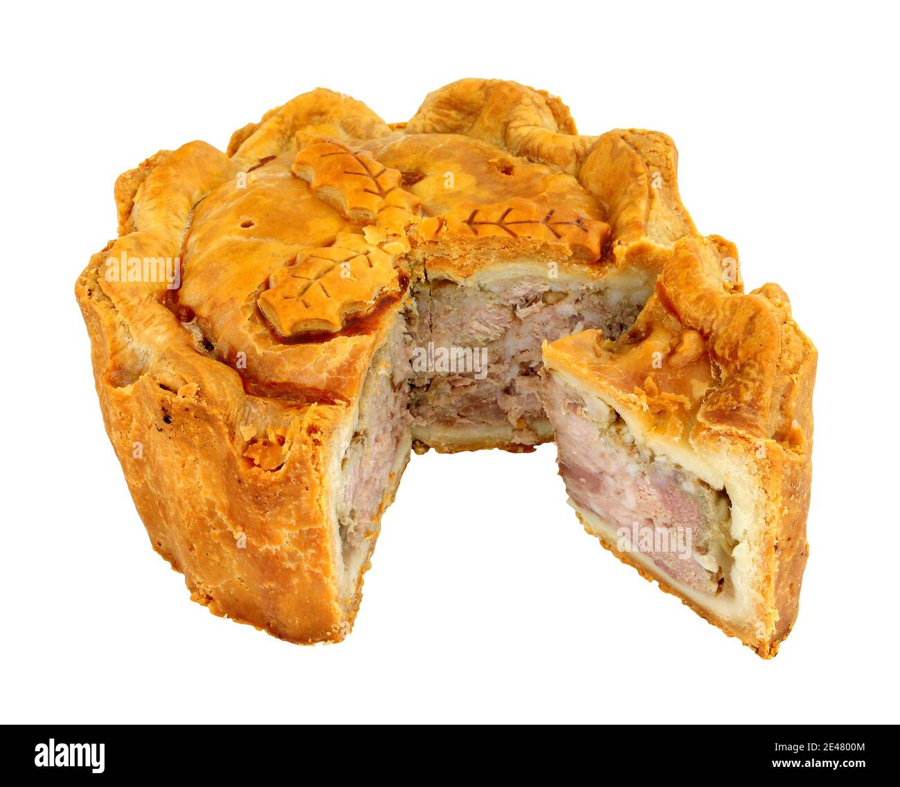 Pork pie baked in a rich cold water crust pastry isolated on a white ...