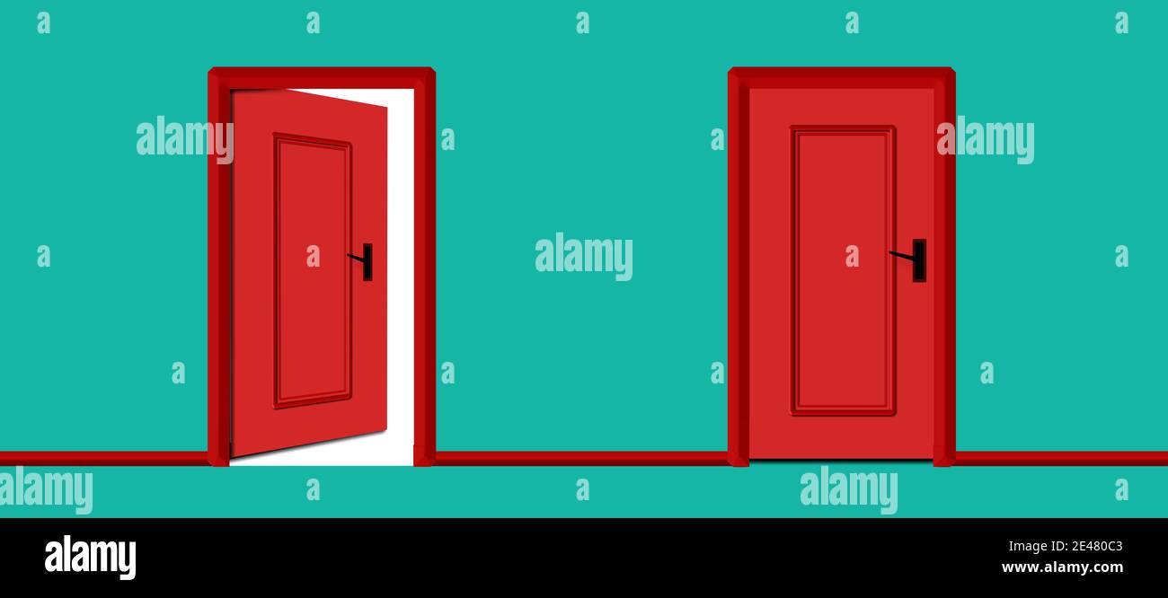2 doors in blue sky background with different state, opening door to ...