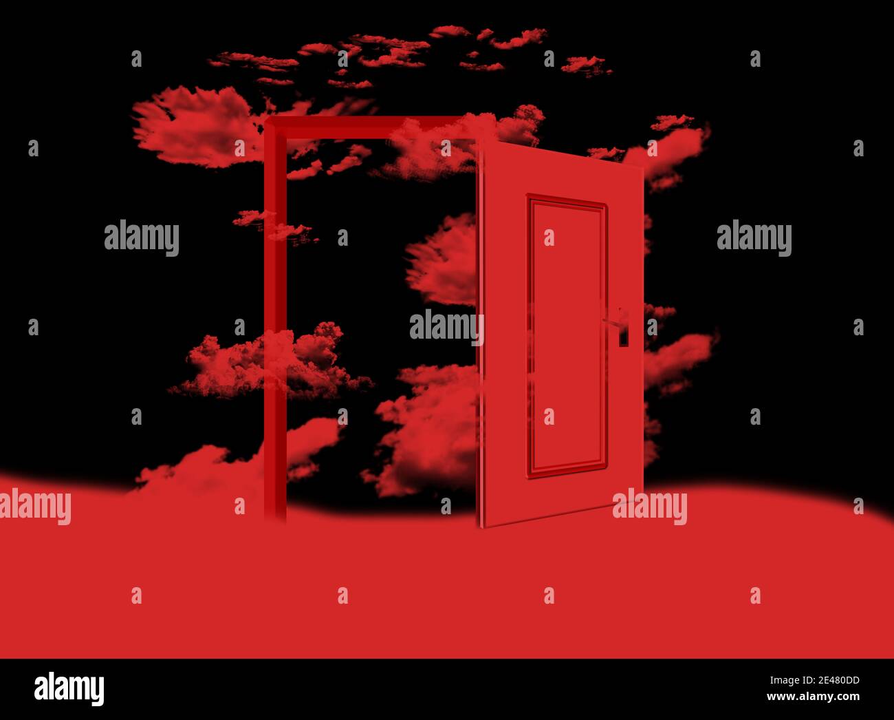 Flying pink clouds through a full open door in dark background ...