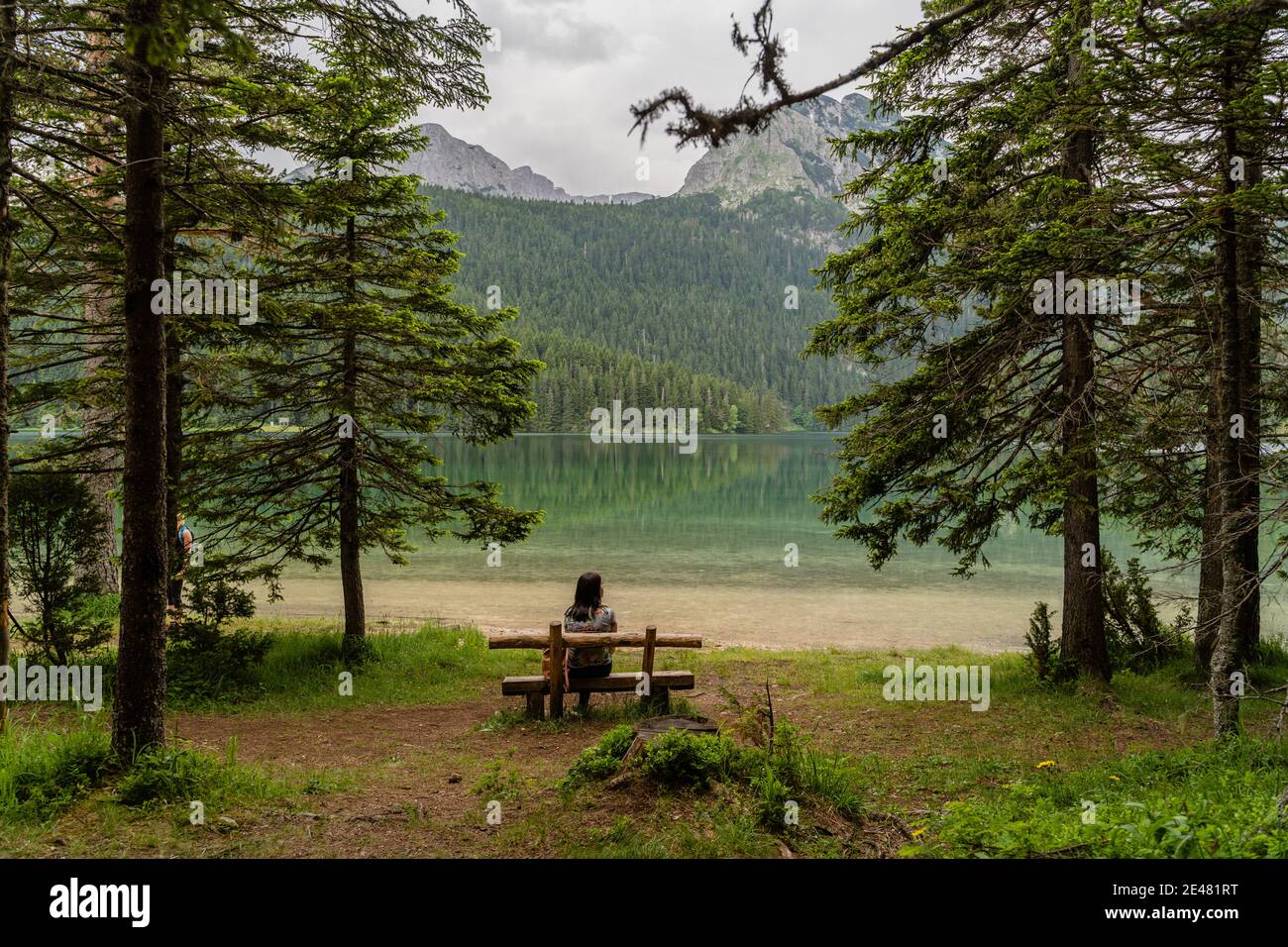 Back view of a female sitting on a bench and looking at the view of the Black Lake in Montenegro ...