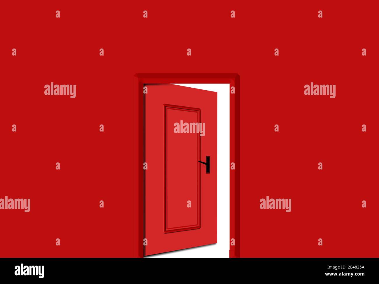 red opening door design concept, front view, entrance to the white. 3d ...
