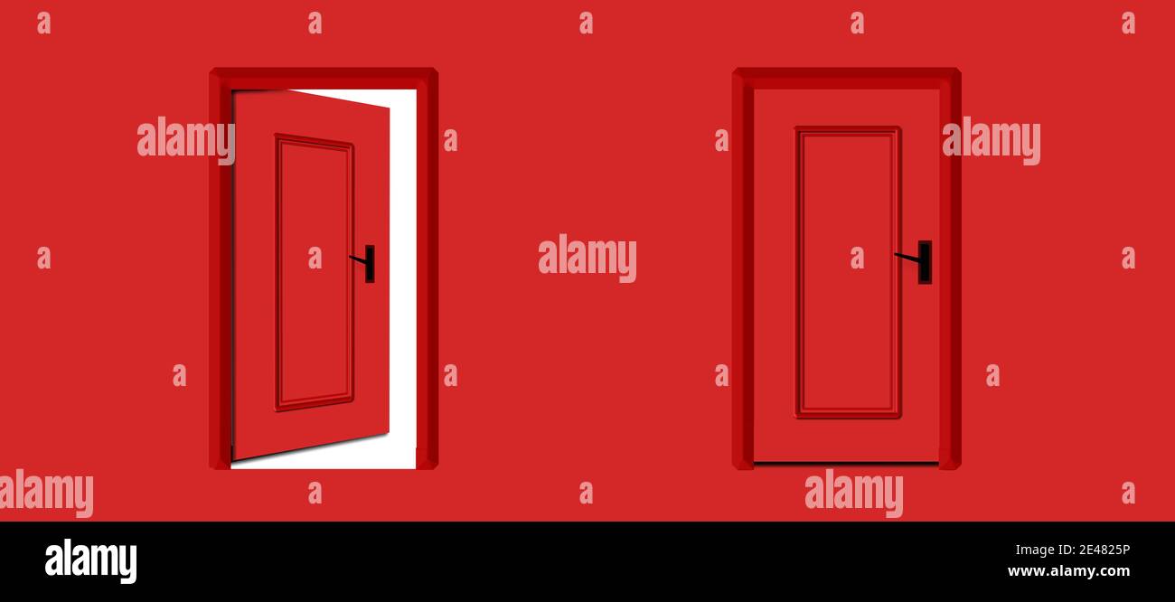 Opening door and closed door on red room wall, , expectation concept ...
