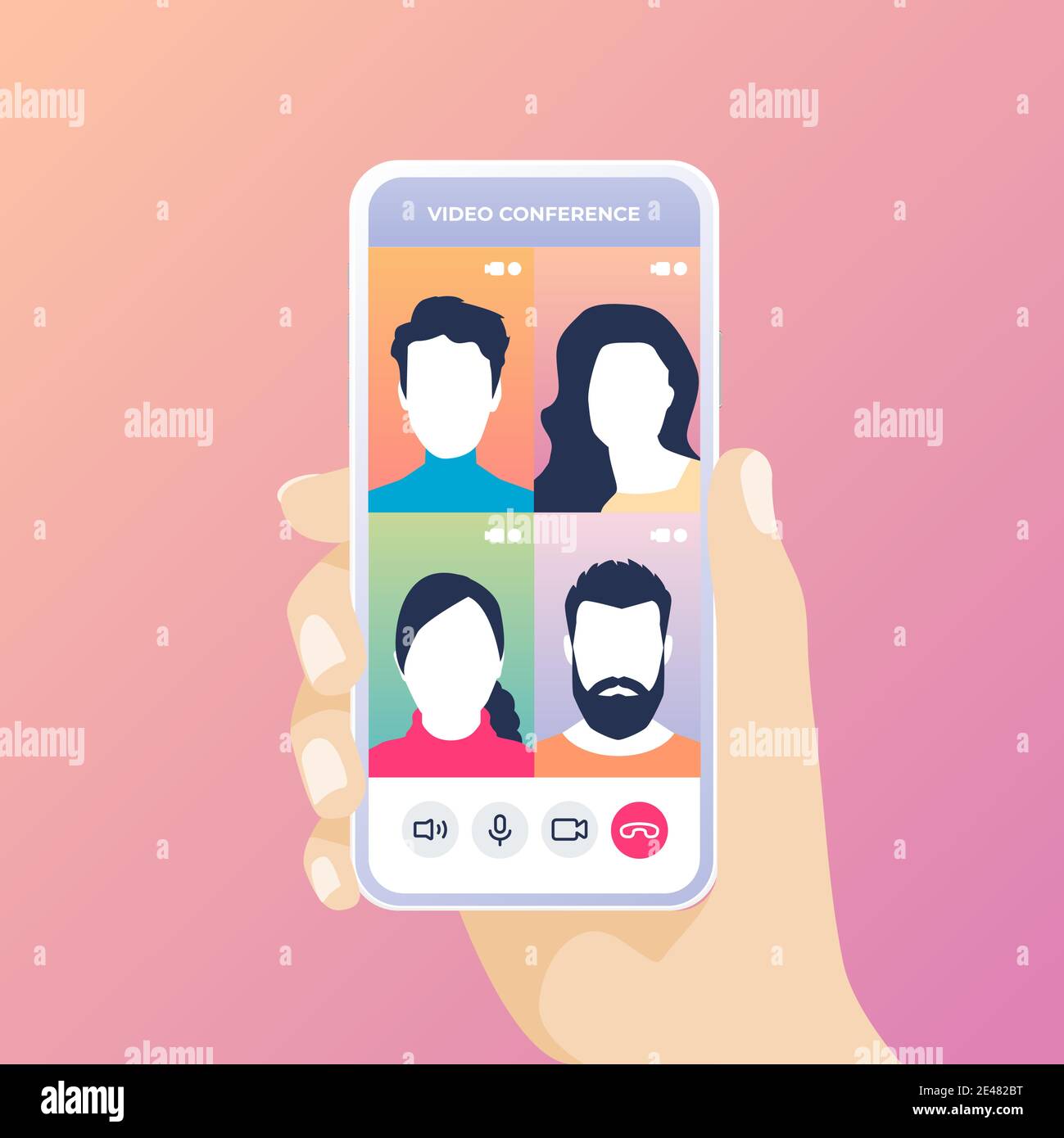 Hand holding phone talking together on video conference app phone call ...