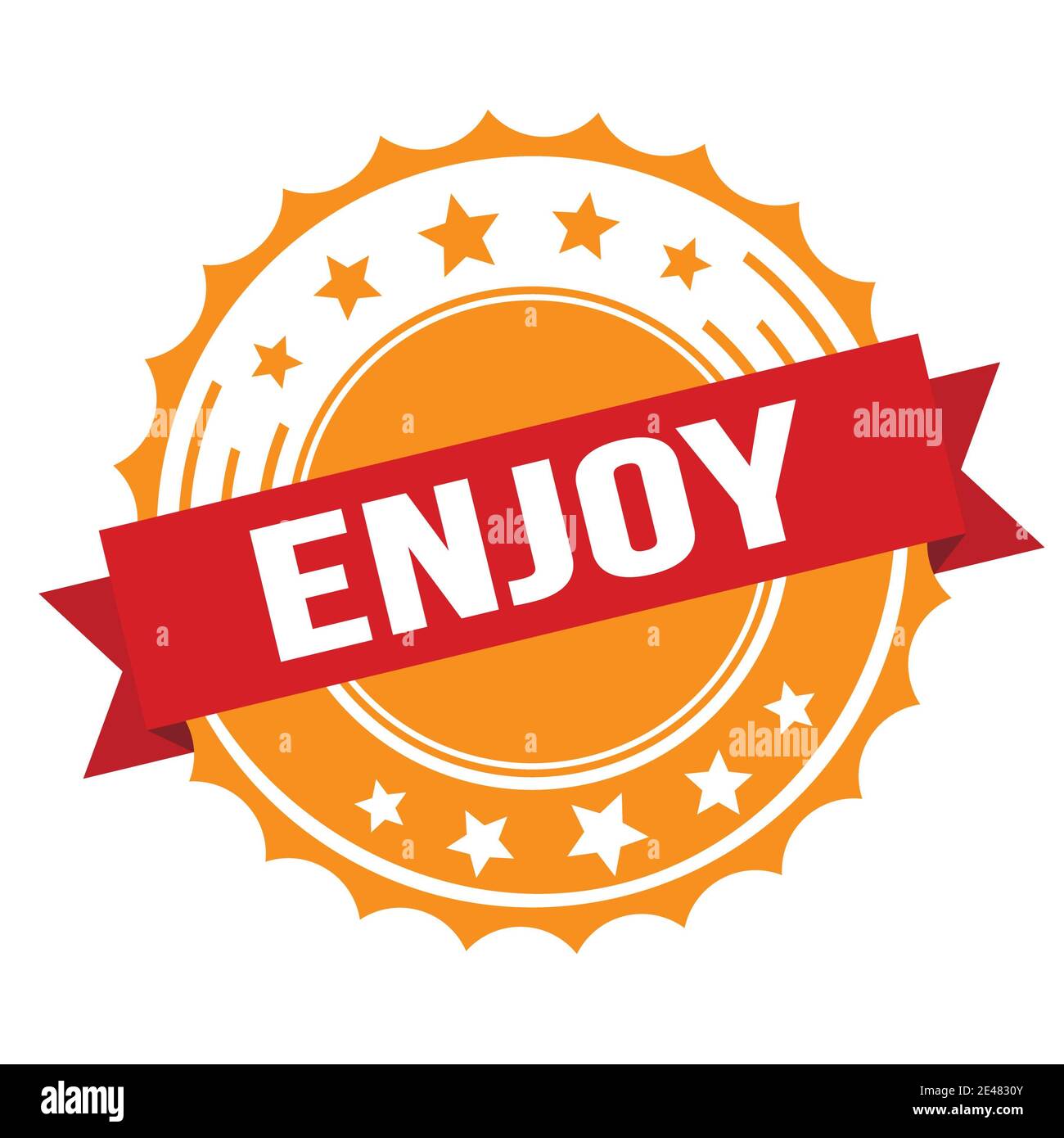 ENJOY text on red orange ribbon badge stamp Stock Photo - Alamy