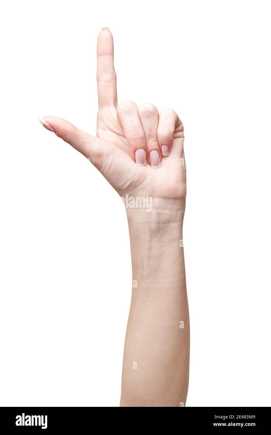 female hand poiting by finger isolated on white background with ...