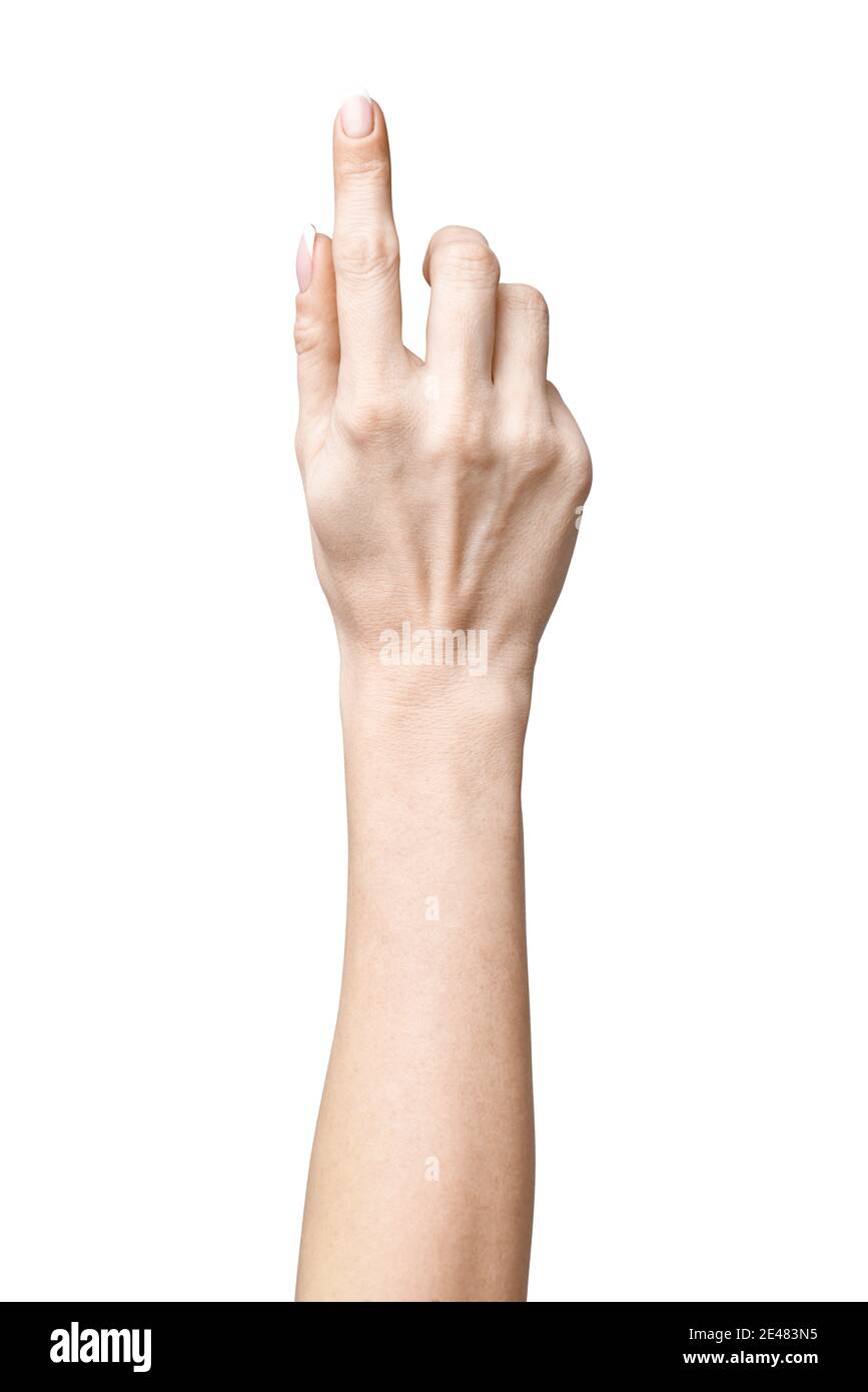 female hand poiting by finger isolated on white background with ...
