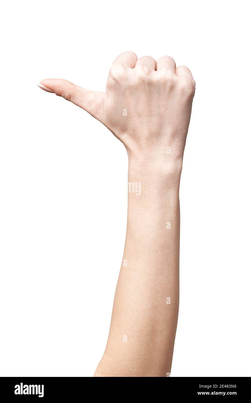 female hand poiting by finger isolated on white background with ...