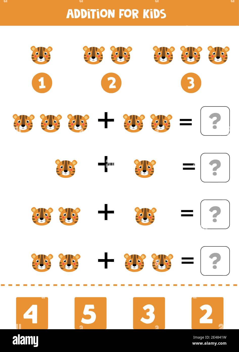 Addition game with cute cartoon face of tiger. Math game for kids Stock ...
