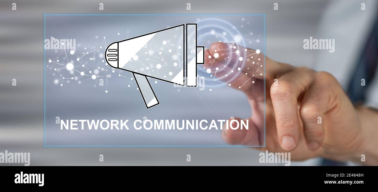 Man touching a network communication concept on a touch screen with his ...