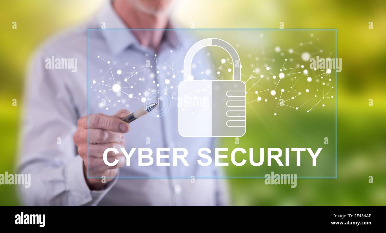 Man touching a cyber security concept on a touch screen with a pen ...