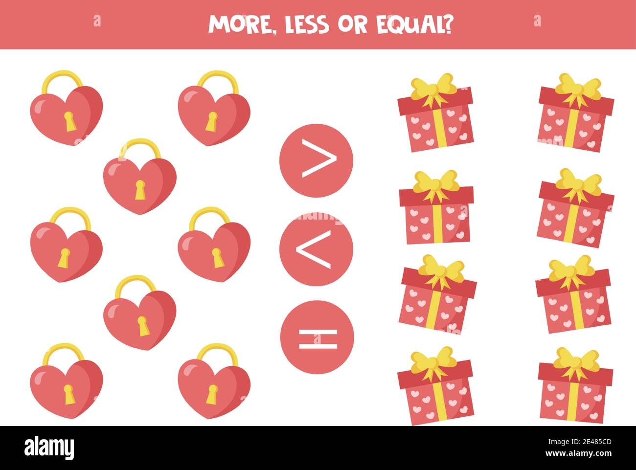More, less, equal with cute cartoon valentine heart lock and present. Math game for kids Stock ...