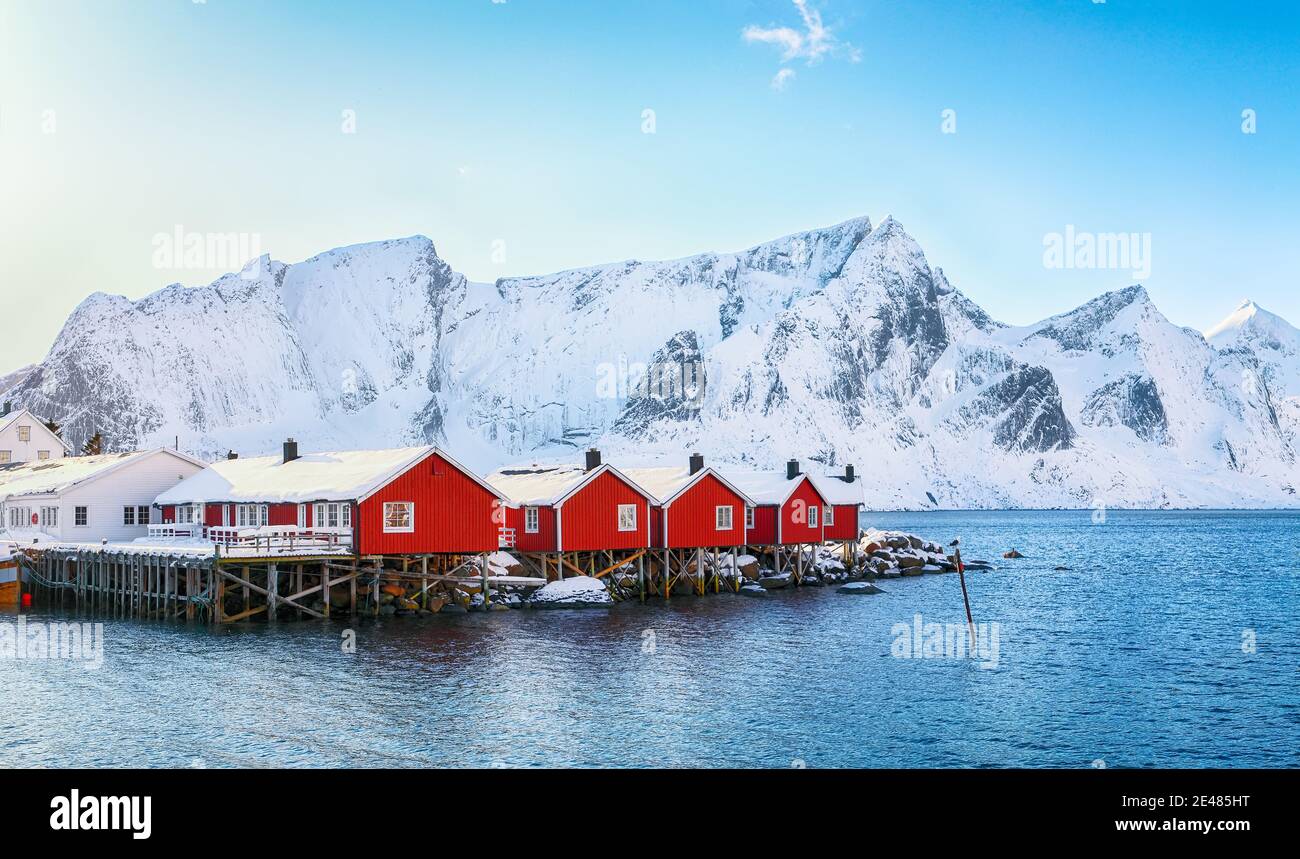 Traditional Norwegian red wooden houses (rorbuer) on the shore of ...
