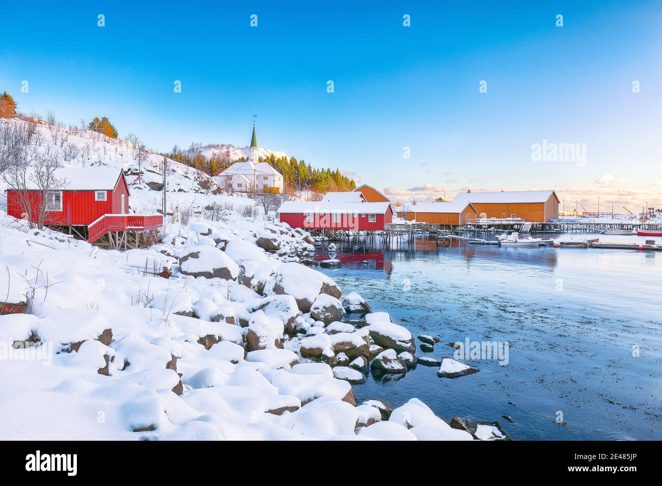 Amazing winter scenery of Moskenes village with ferryport and famous ...