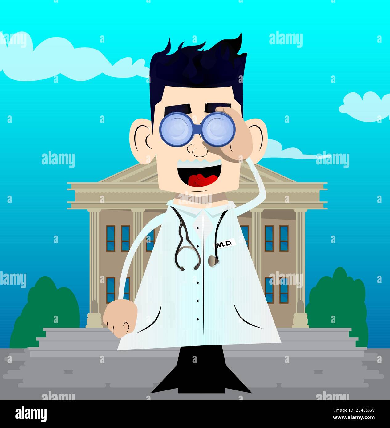 Funny cartoon doctor looking through binoculars. Vector illustration ...