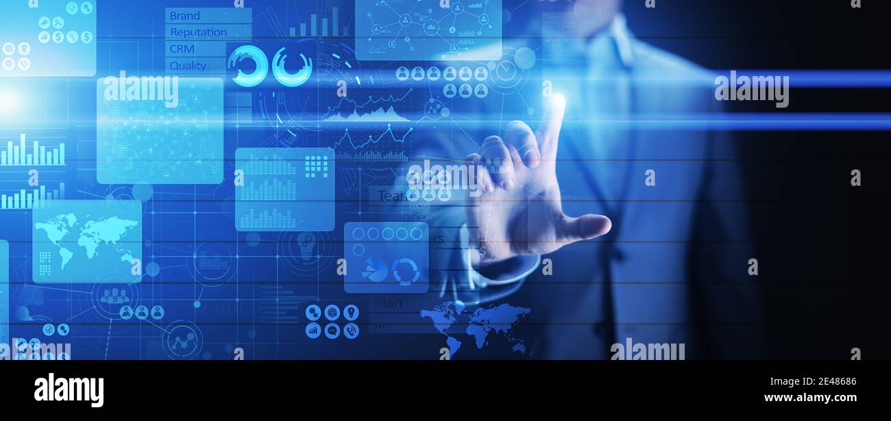 Business intelligence analyst dashboard on virtual screen. Big data ...