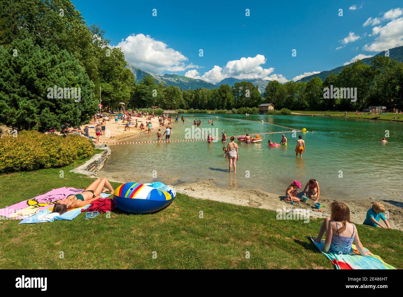 Morillon (French Alps): supervised beach of the Blue Lake Recreation ...