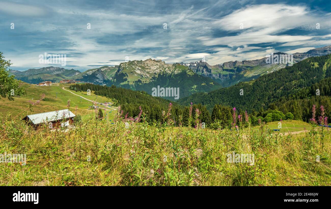 Samoens (French Alps): landscape of the Giffre Valley and overview of ...