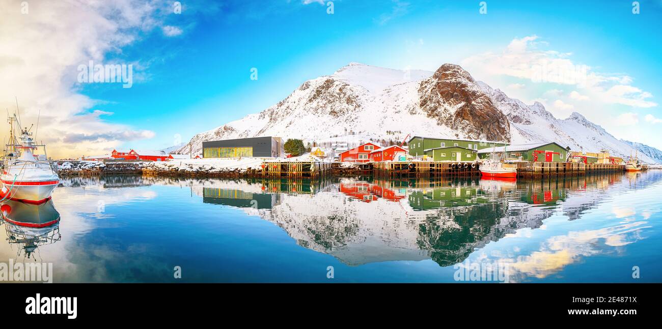 Fabulous panoramic view of Ramberg village and port at sunrise. Travel ...