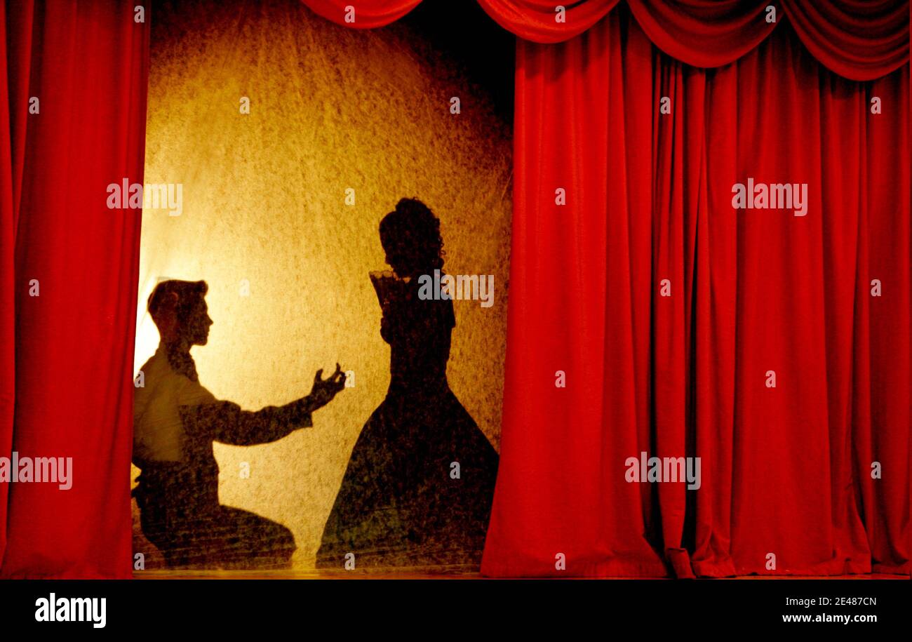 A man and woman in theatrical costumes in the theater of shadows on the stage with colored ...