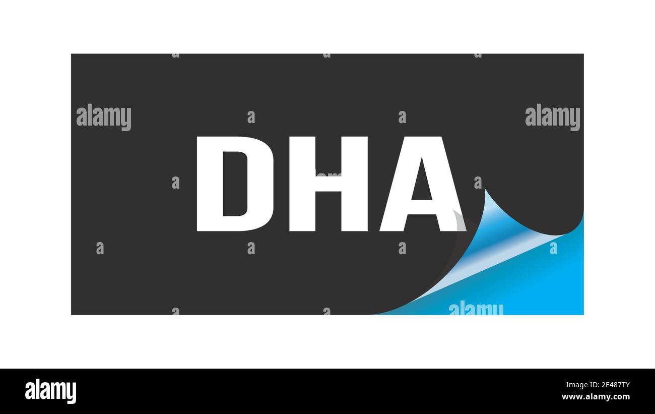 DHA text written on black blue sticker stamp Stock Photo - Alamy