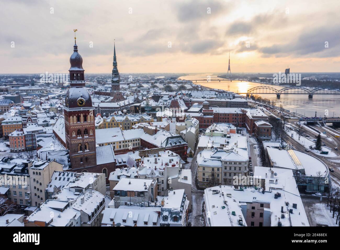 Aerial view of the Dome Cathedral and the Old Riga Town at sunset in ...