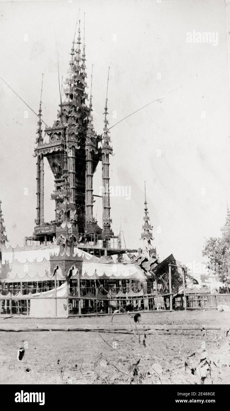 Vintage 19th century photograph: cremation of a Burmese Buddhist monk ...