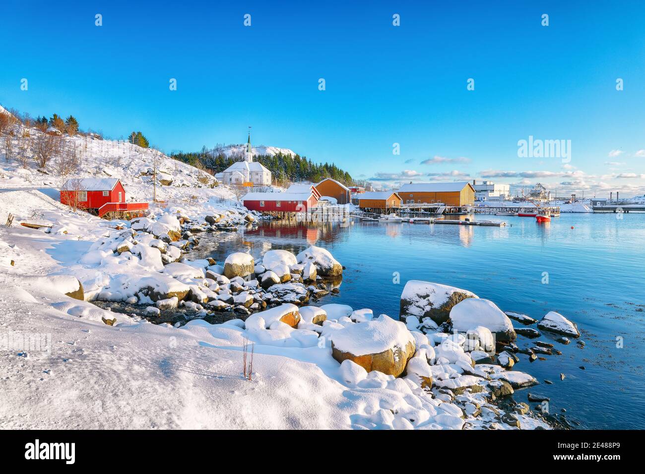 Awesome winter scenery of Moskenes village with ferryport and famous ...