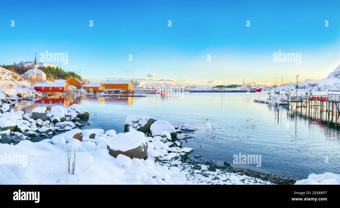 Amazing winter scenery of Moskenes village with ferryport and famous ...