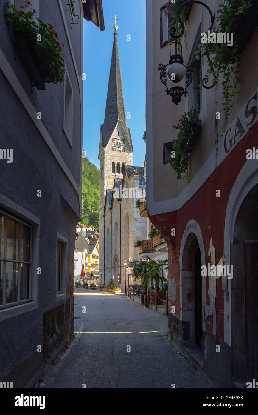 Hallstatt,Austria-August 10,2020.Famous beautiful Austrian mountain town of Hallstatt.View of ...